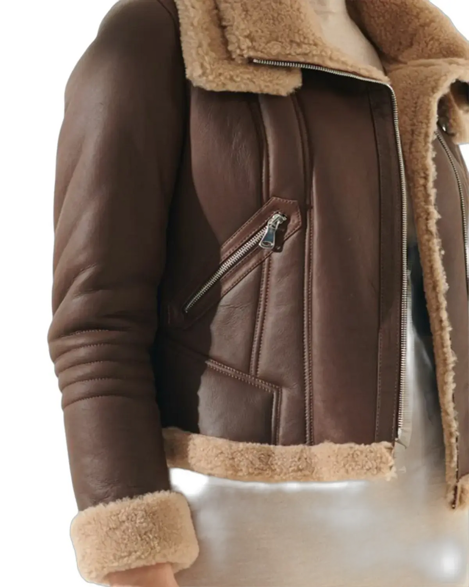 Womens Brown Double Collar Shearling Leather Jacket – Elite Jacket