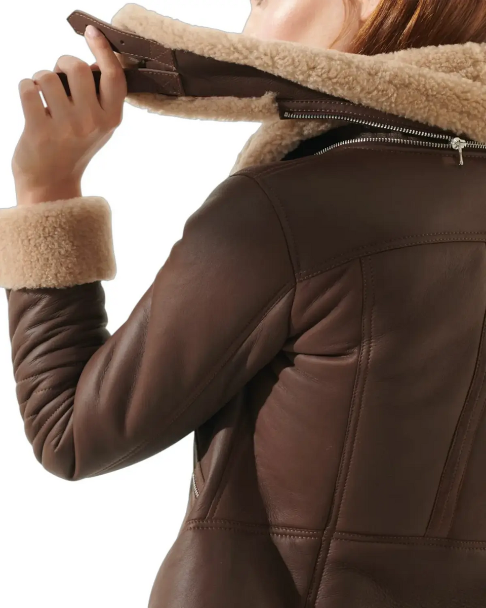 Womens Brown Double Collar Shearling Leather Jacket – Elite Jacket