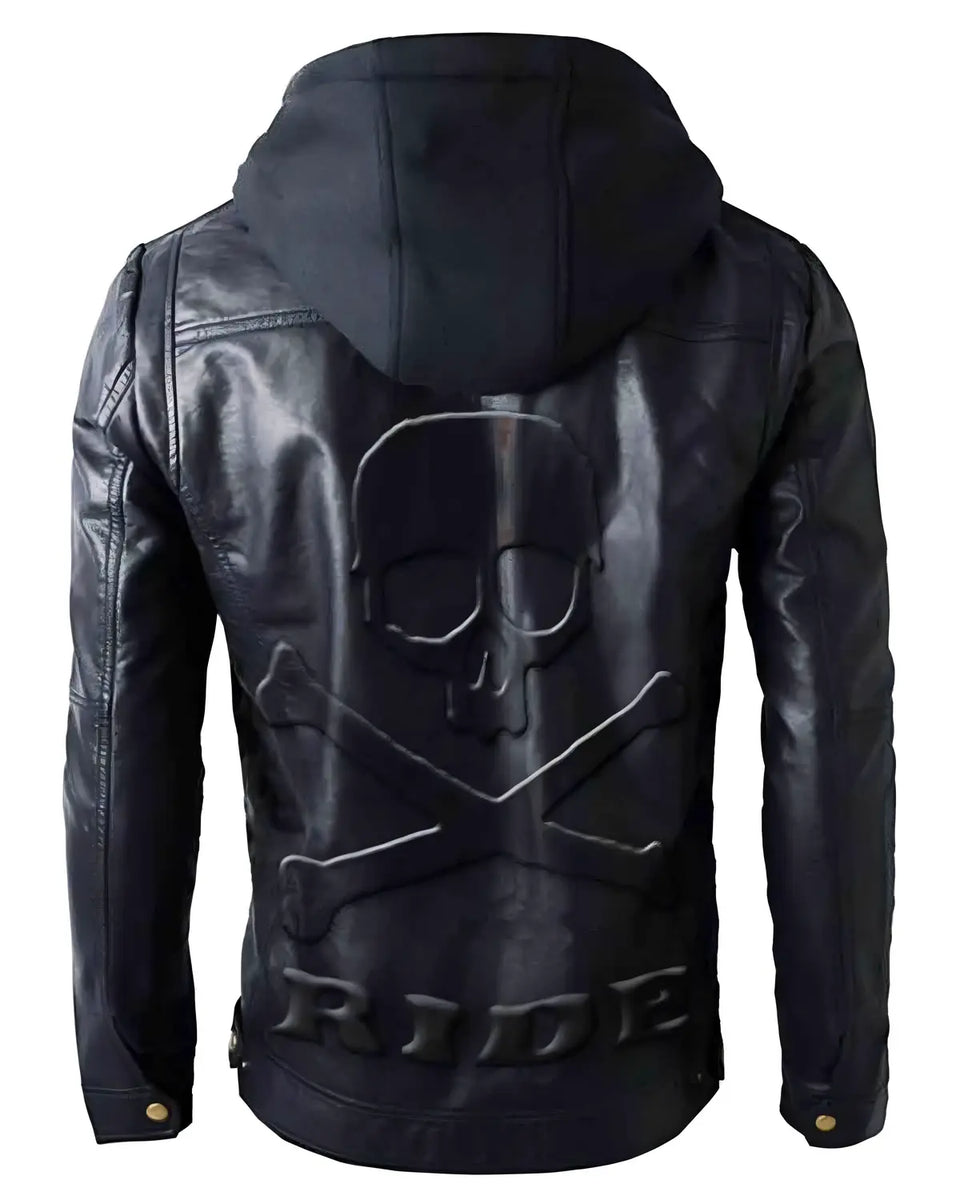 Mens Skull Embossed Logo Black Leather Motorbike Jacket – Elite Jacket