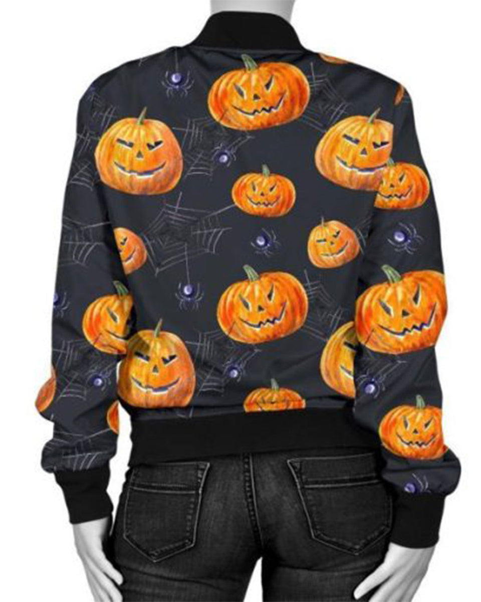 Womens Halloween Pumpkin Print Bomber Jacket | Elite Jacket