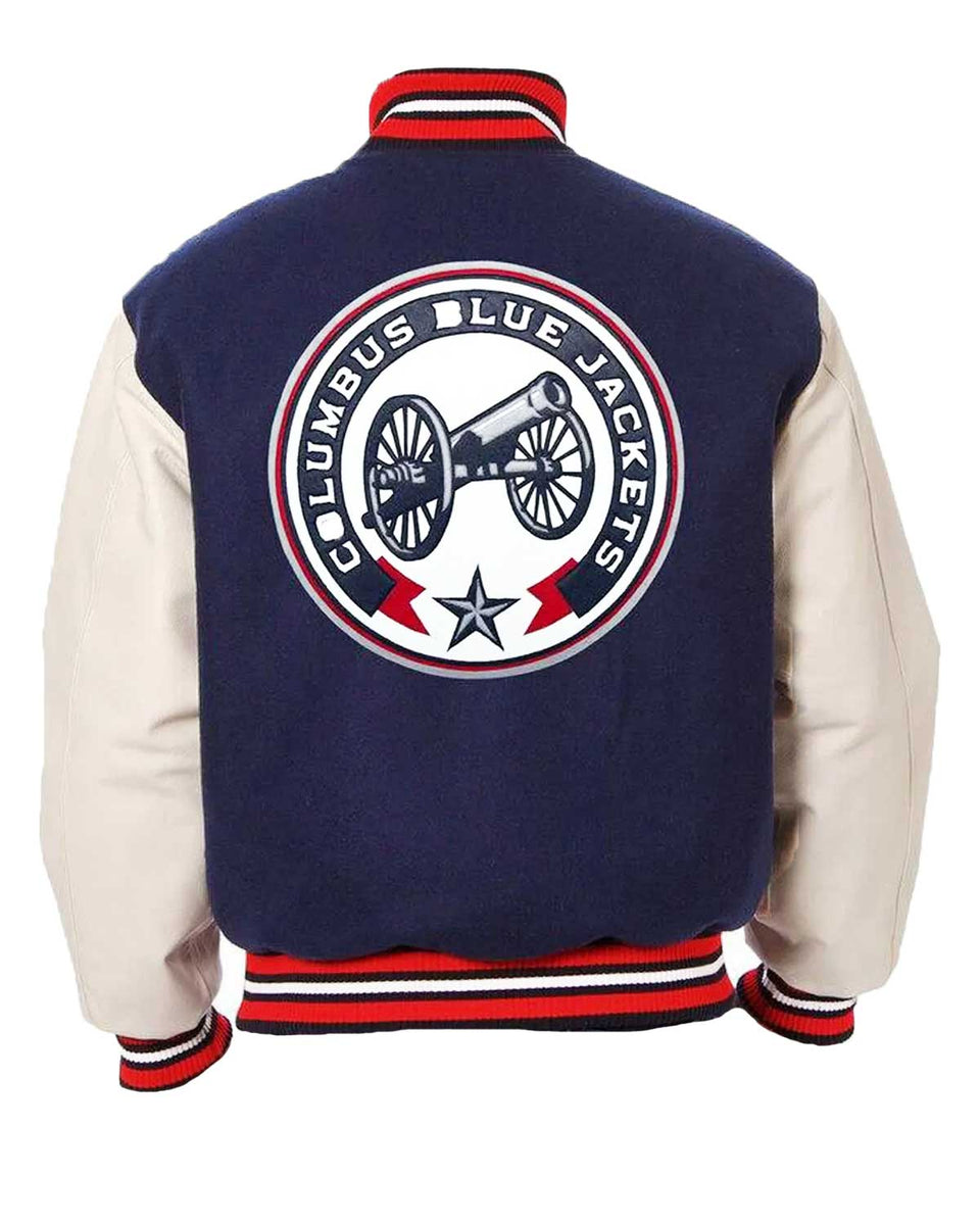 Columbus Blue Jackets White And Navy Blue Wool Varsity Jacket – Elite ...