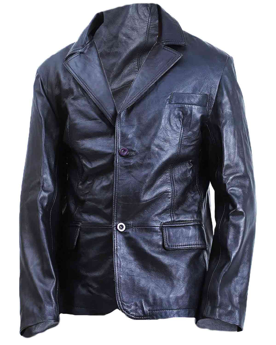 Mens Two Button Black Classic Leather Coat | Elite Jacket