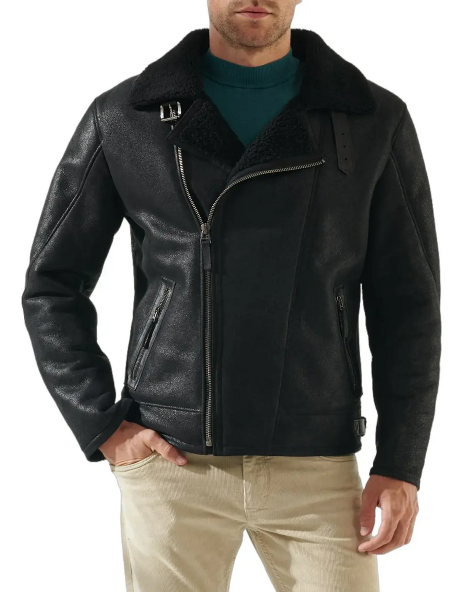 Mens Jade Black Shearling Leather Jacket | Elite Jacket