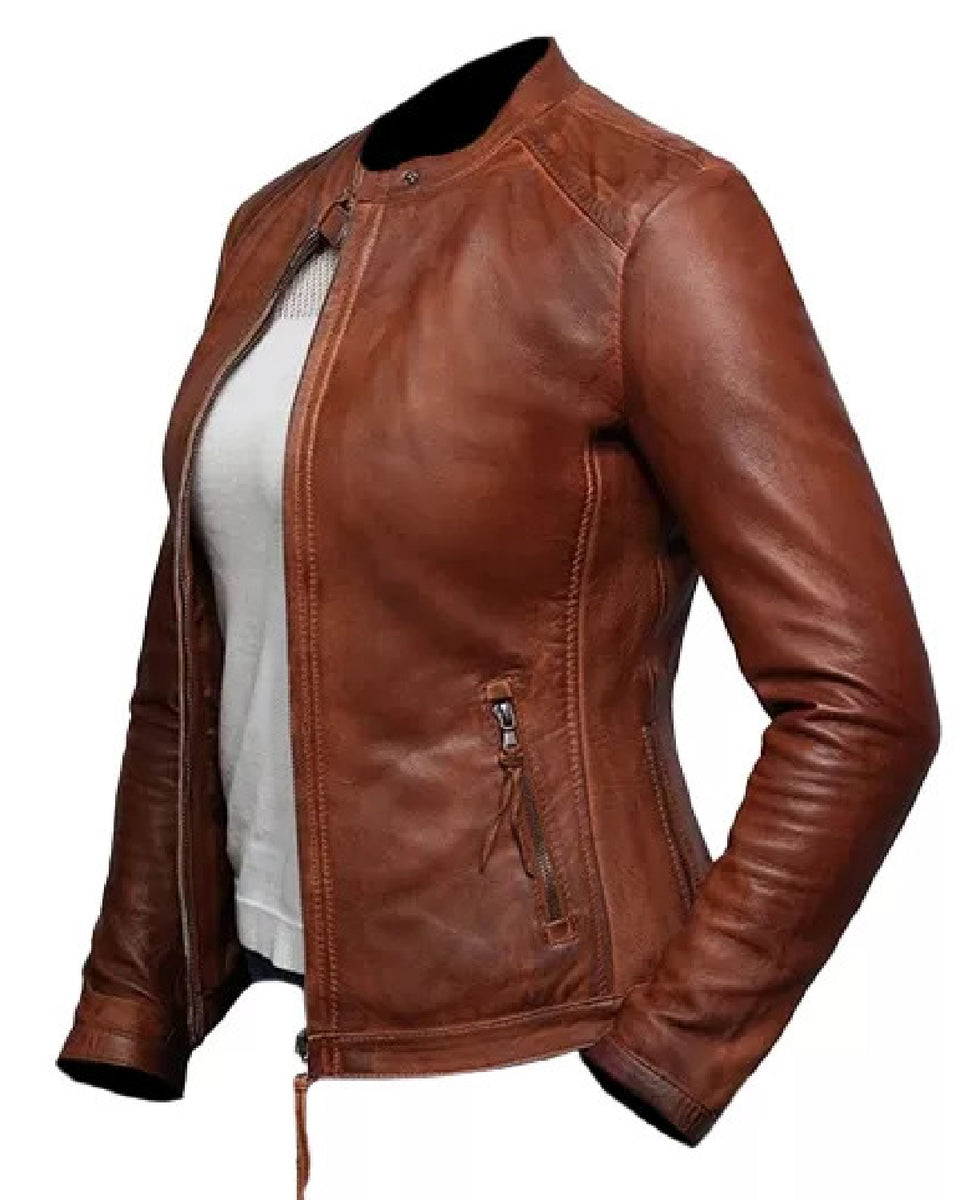 Women Brown Leather Slim Fit Jacket | Elite Jacket
