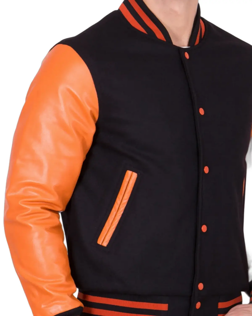 Mens Black and Orange Varsity Jacket | Elite Jacket