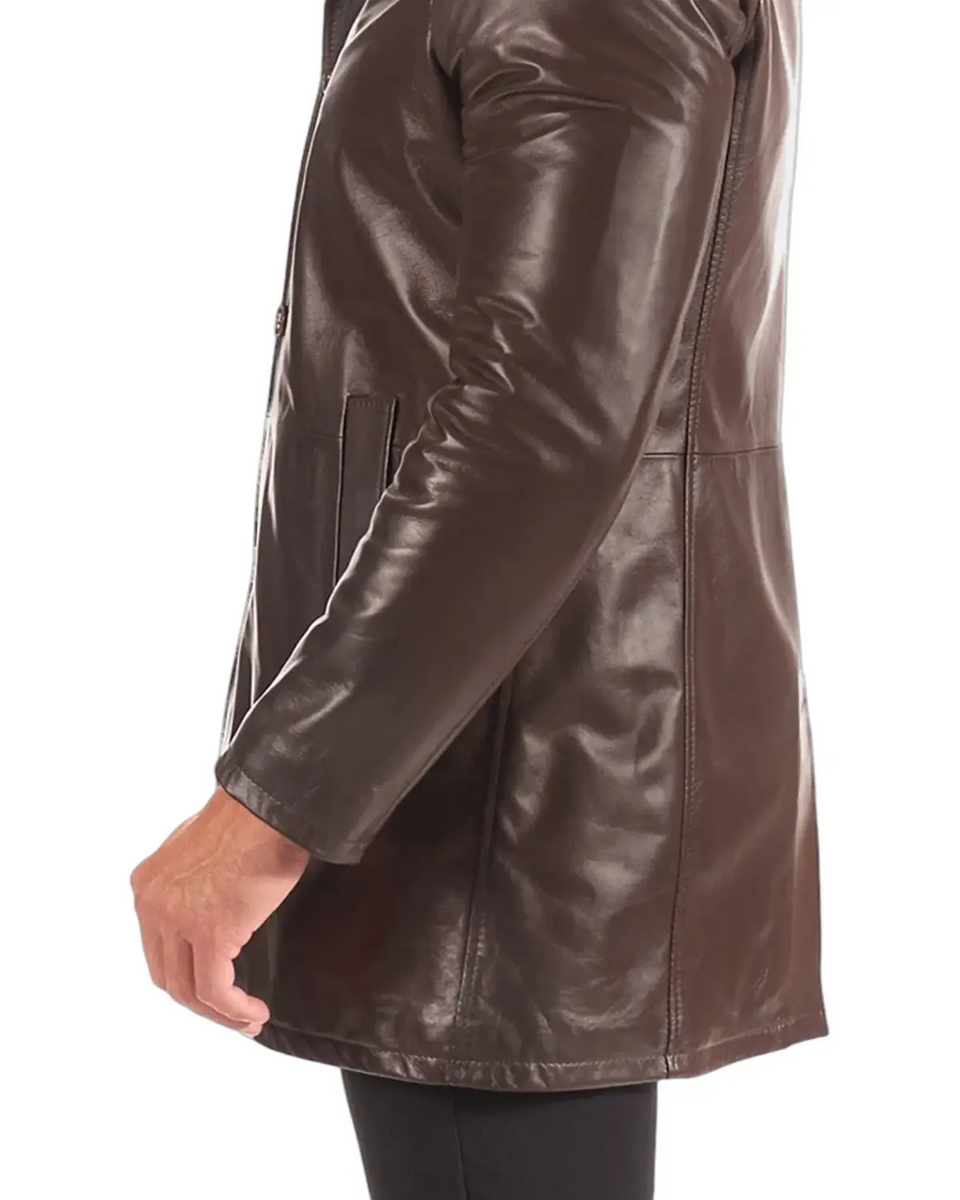 Mens Classic Brown Mid-Length Leather Coat – Elite Jacket