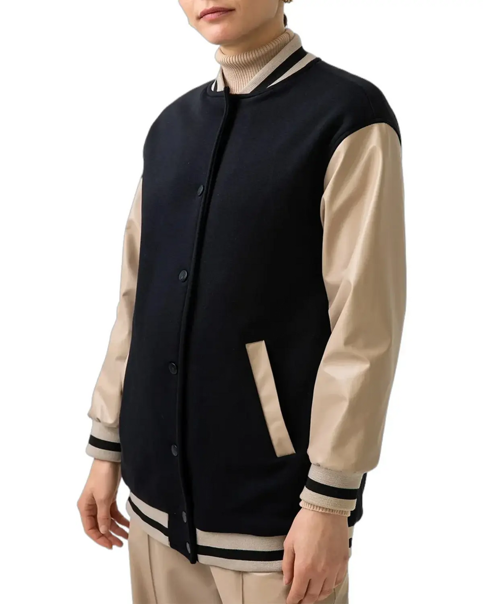 Womens Black and Beige Varsity Jacket – Elite Jacket