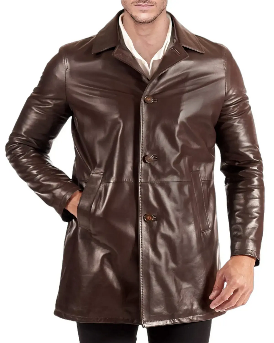 Mens Classic Brown Mid-Length Leather Coat – Elite Jacket