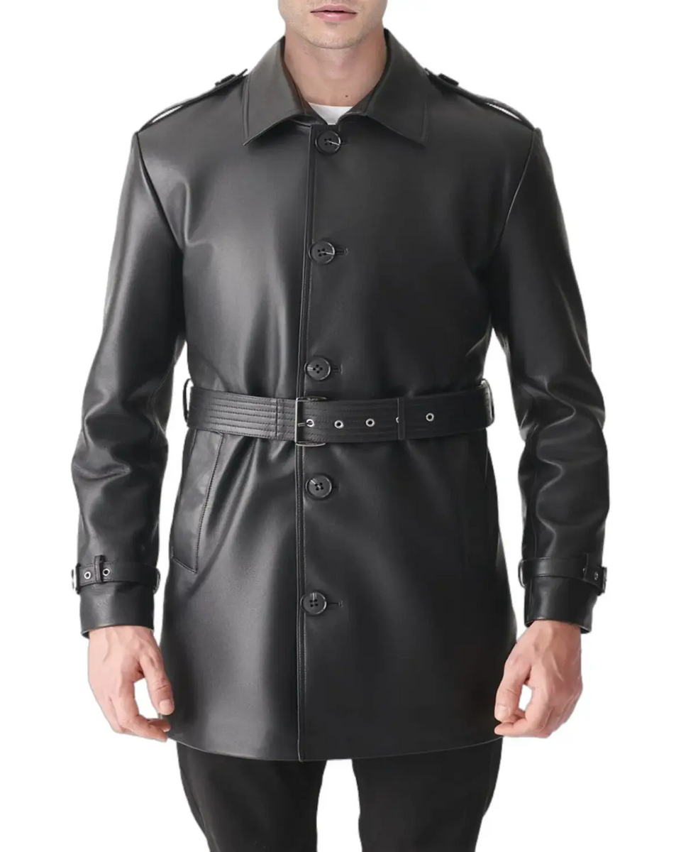 Mens Black Mid-Length Leather Coat – Elite Jacket