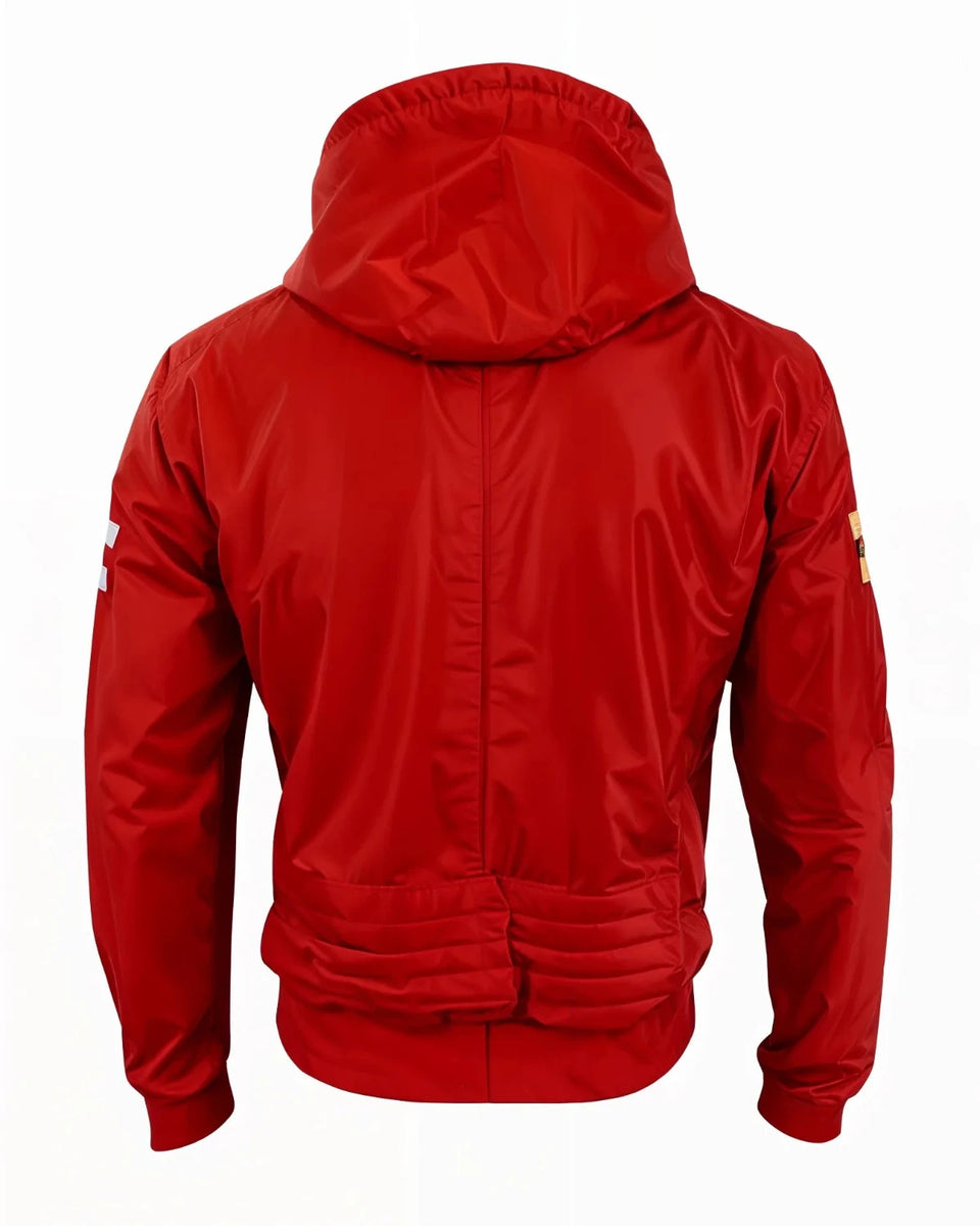 Mens Red Leather Biker Hooded Bomber Jacket | Elite Jacket
