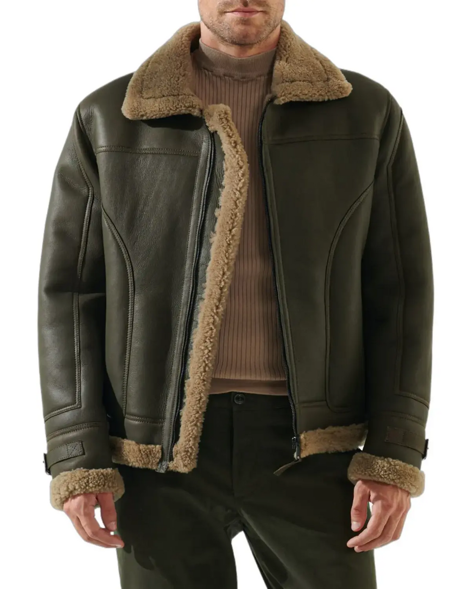 Moss Green Shearling Leather Jacket For Men | Elite Jacket