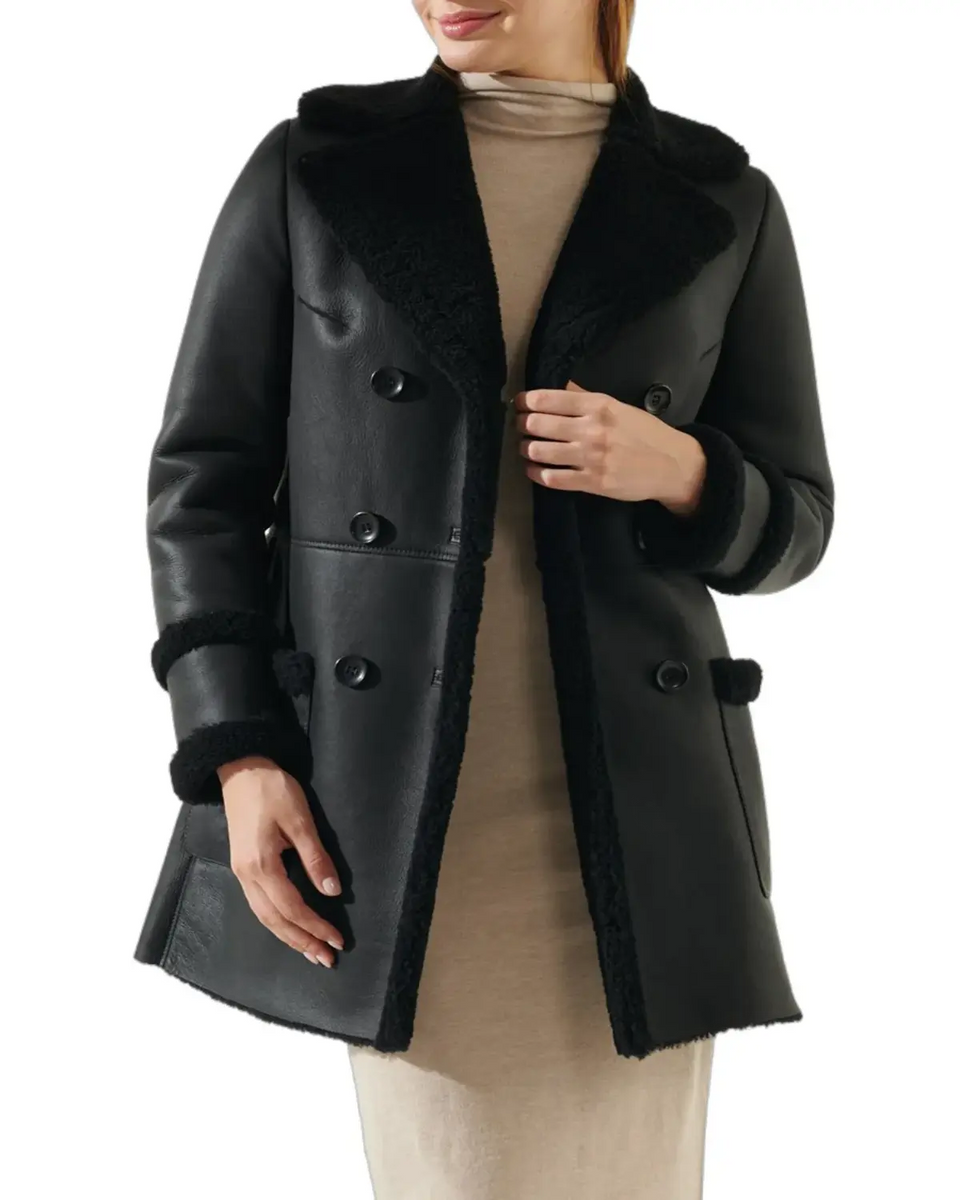 Womens Jet Black Shearling Leather Coat | Elite Jacket