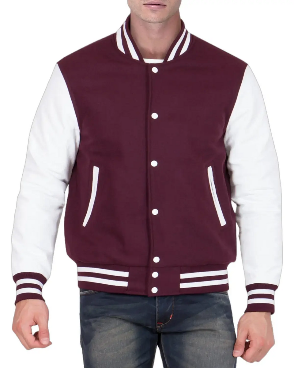 Mens Maroon and White Varsity Jacket | Elite Jacket