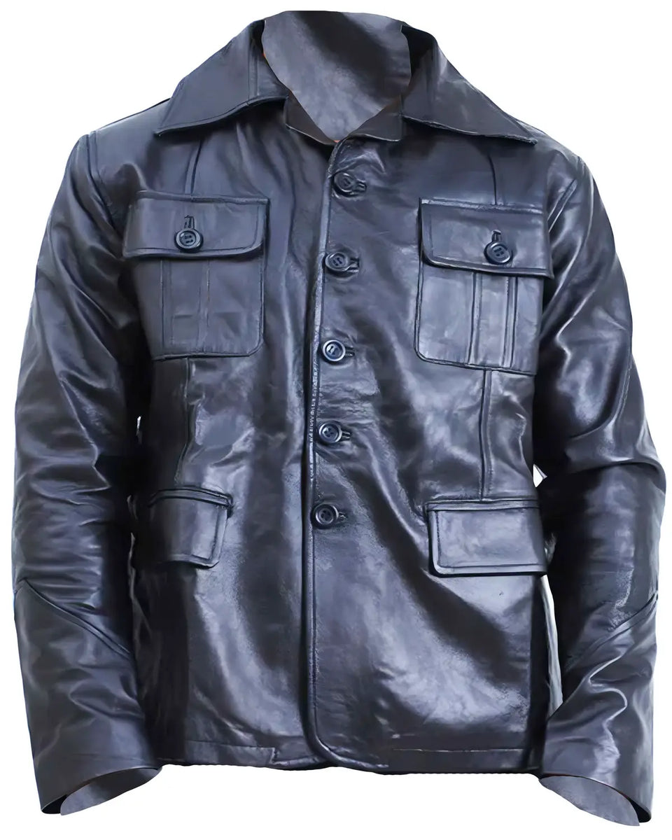 Mens 5 Button Black Leather Coat | Elite Jacket