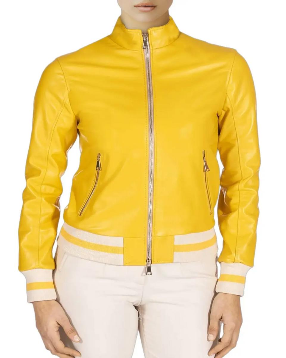 Womens Bright Yellow Bomber Leather Jacket | Elite Jacket