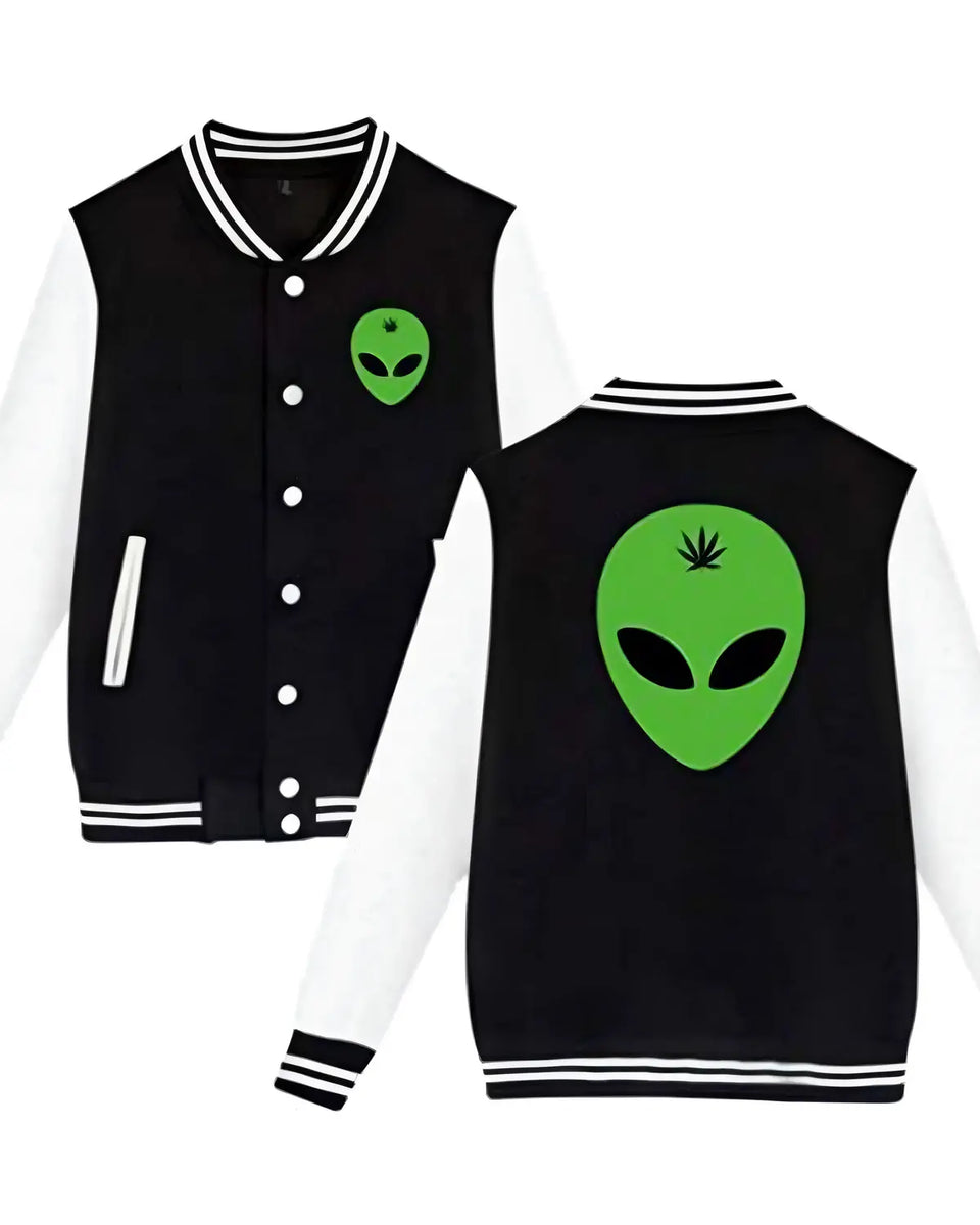 Mens Alien Head Leaf Weed Halloween Varsity Jacket | Elite Jacket