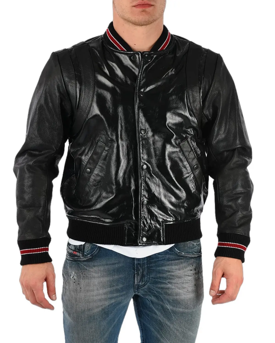 Mens Shiny Black Varsity Leather Jacket | Elite Jacket