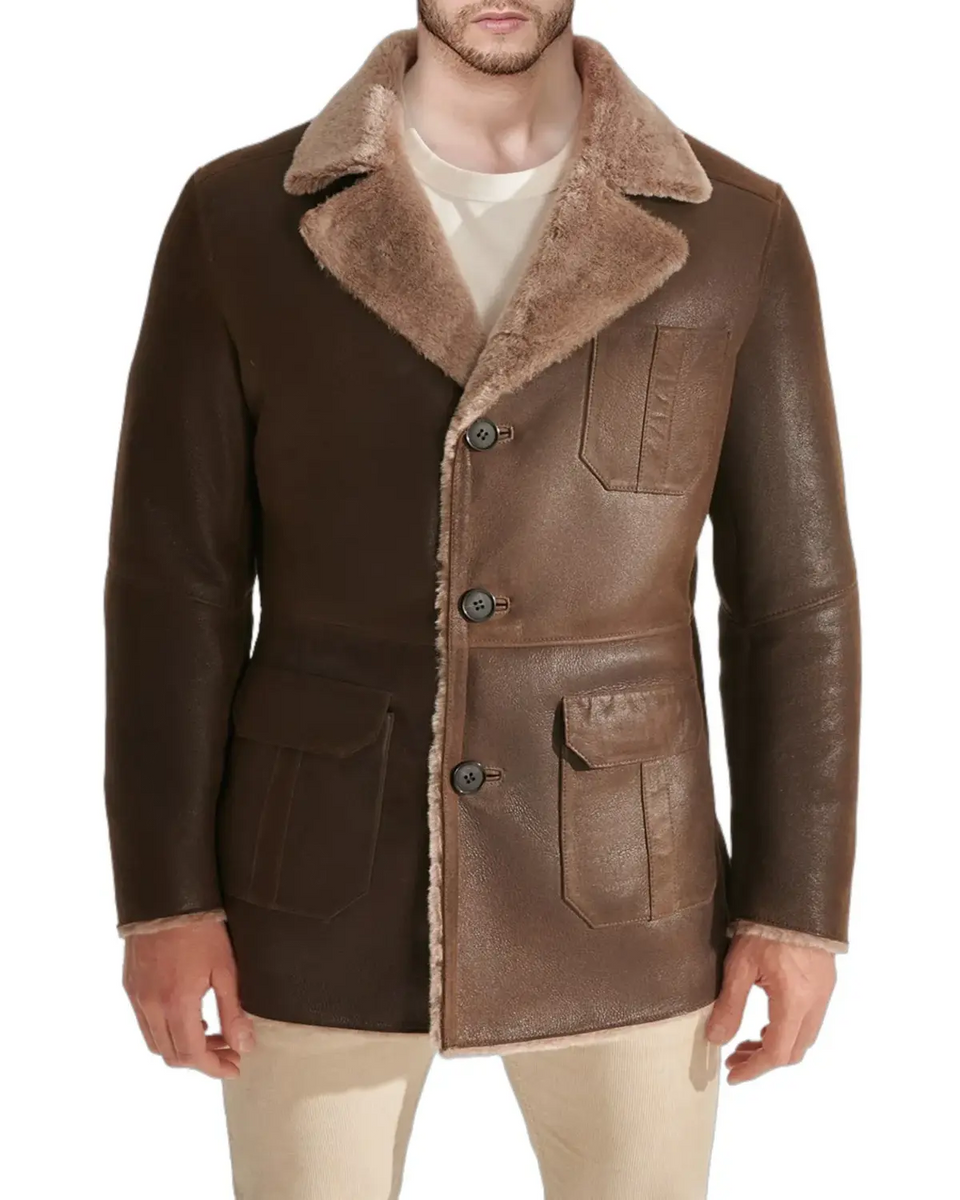 Mens Luxurious Brown Shearling Leather Coat | Elite Jacket