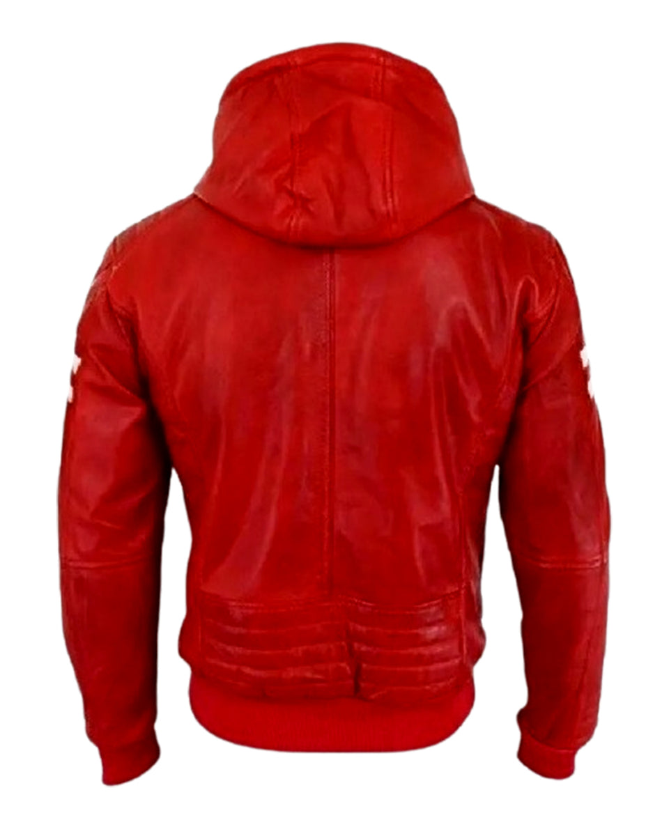 Mens Red Leather Biker Hooded Bomber Jacket | Elite Jacket